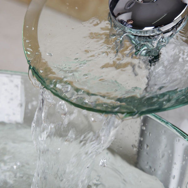 LUXURY Bathroom CLEAR Curved Glass basin MATCHING glass WATERFALL Tap ...